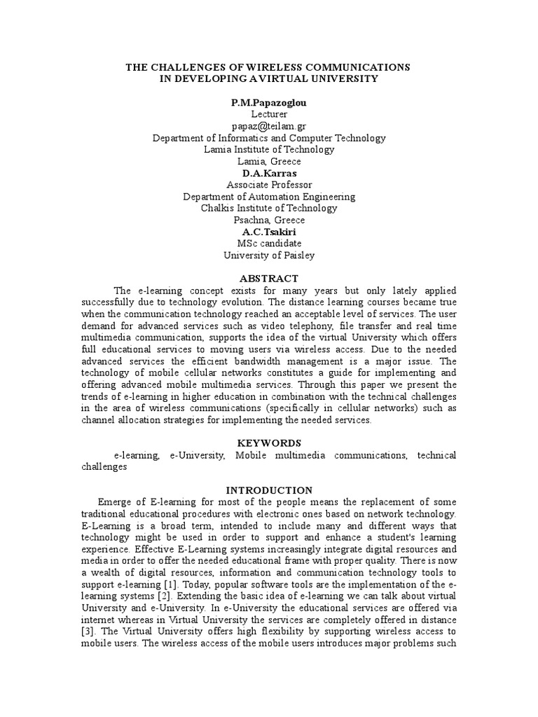 The Challenges of Wireless Communications in Developing A Virtual ...