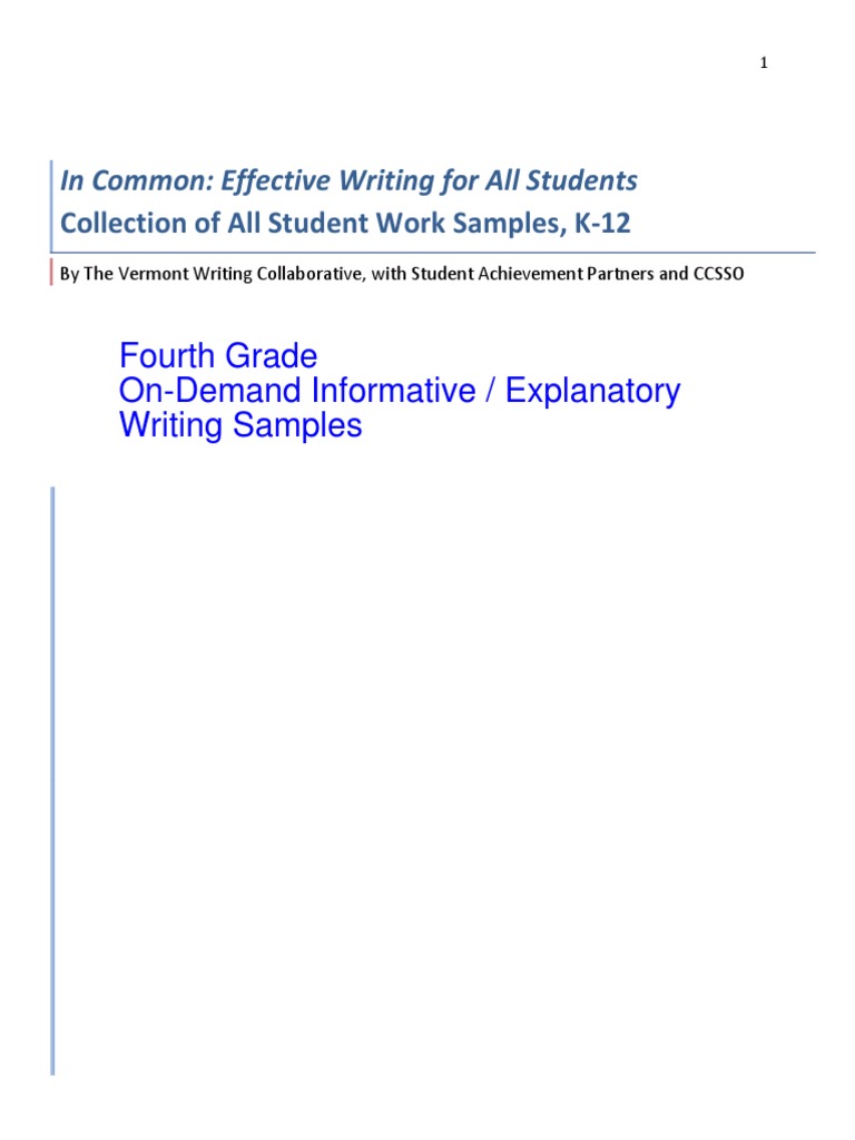 Fourth Grade On-Demand Informative / Explanatory Writing Samples | PDF ...