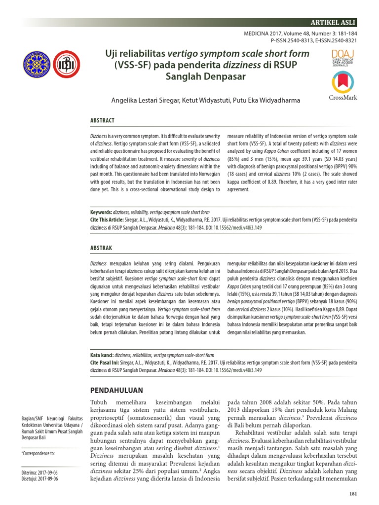 Uji Reliabilitas Vertigo Symptom Scale Short Form VSS-SF Pada Penderita Dizziness Di RSUP ...