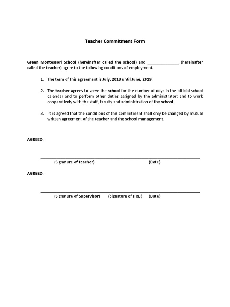 Teacher Commitment Form: Green Montessori School (Hereinafter Called ...