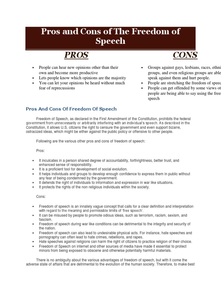 Pros and Cons of The Freedom of Speech | PDF | Hate Speech | Freedom Of ...