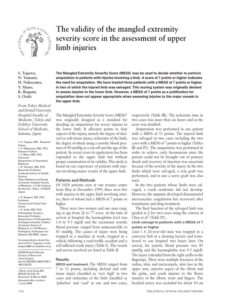 The Validity of The Mangled Extremity Severity Score in The Assessment ...