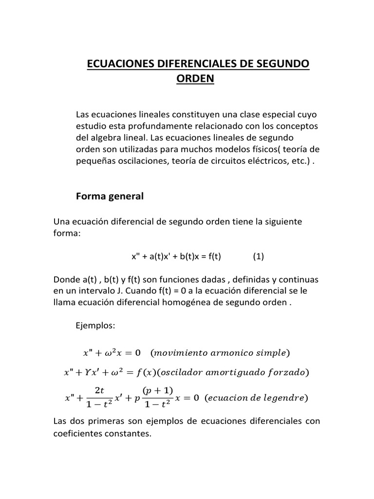 Ecuaciones Diferenciales de Segundo Orden 1 | PDF | Ecuaciones diferenciales | Ecuaciones