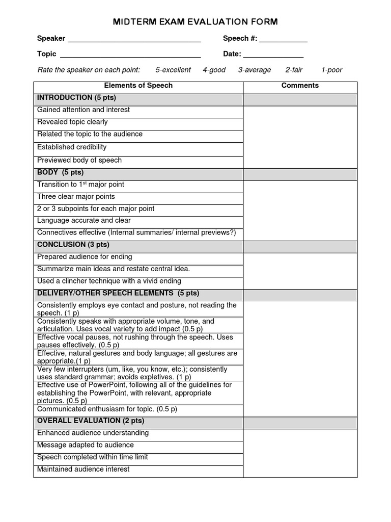 Speech Evaluation Form Midterm | PDF