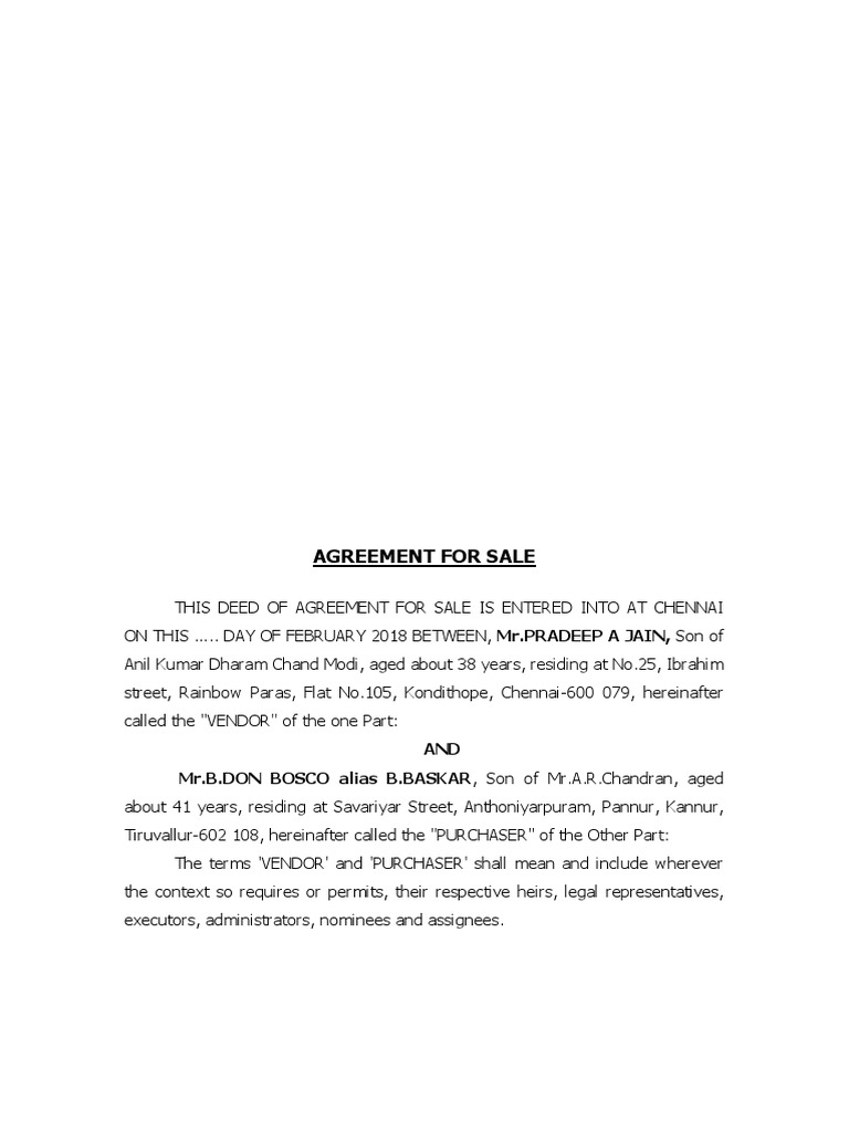 AGREEMENT FOR SALE Resale Flat | Deed | Rupee