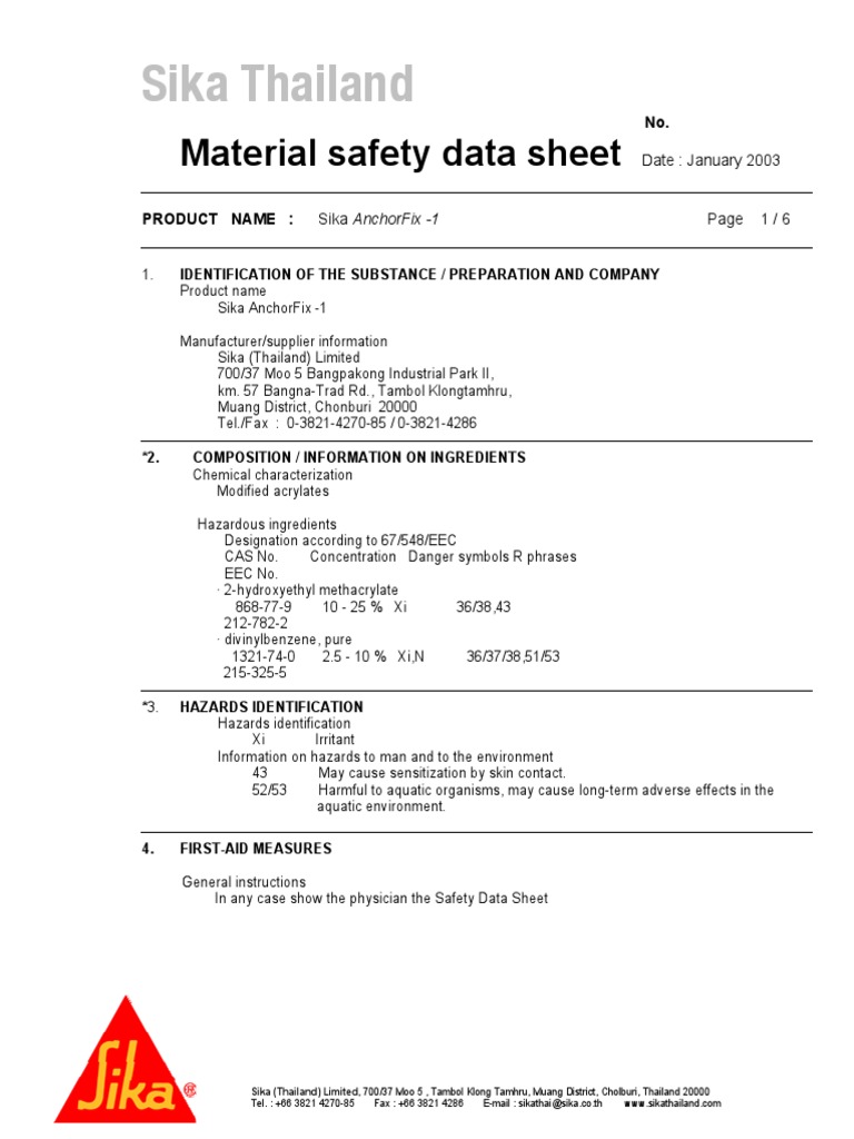MSDS Sika AnchorFix 1 | PDF | Dangerous Goods | Firefighting