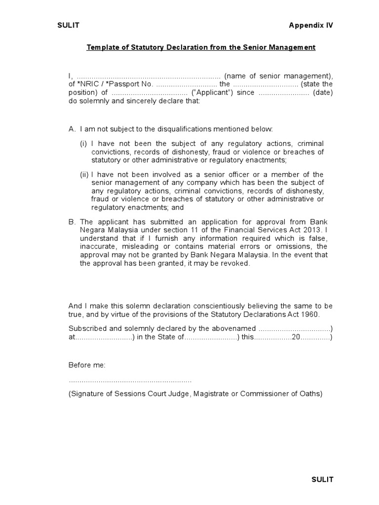 Appendix IV - Template For Statutory Declaration From Senior MGMT | PDF ...