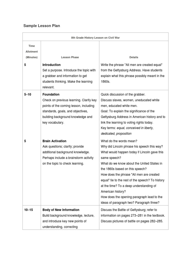 Sample Lesson Plan: 8th Grade History Lesson On Civil War | PDF ...