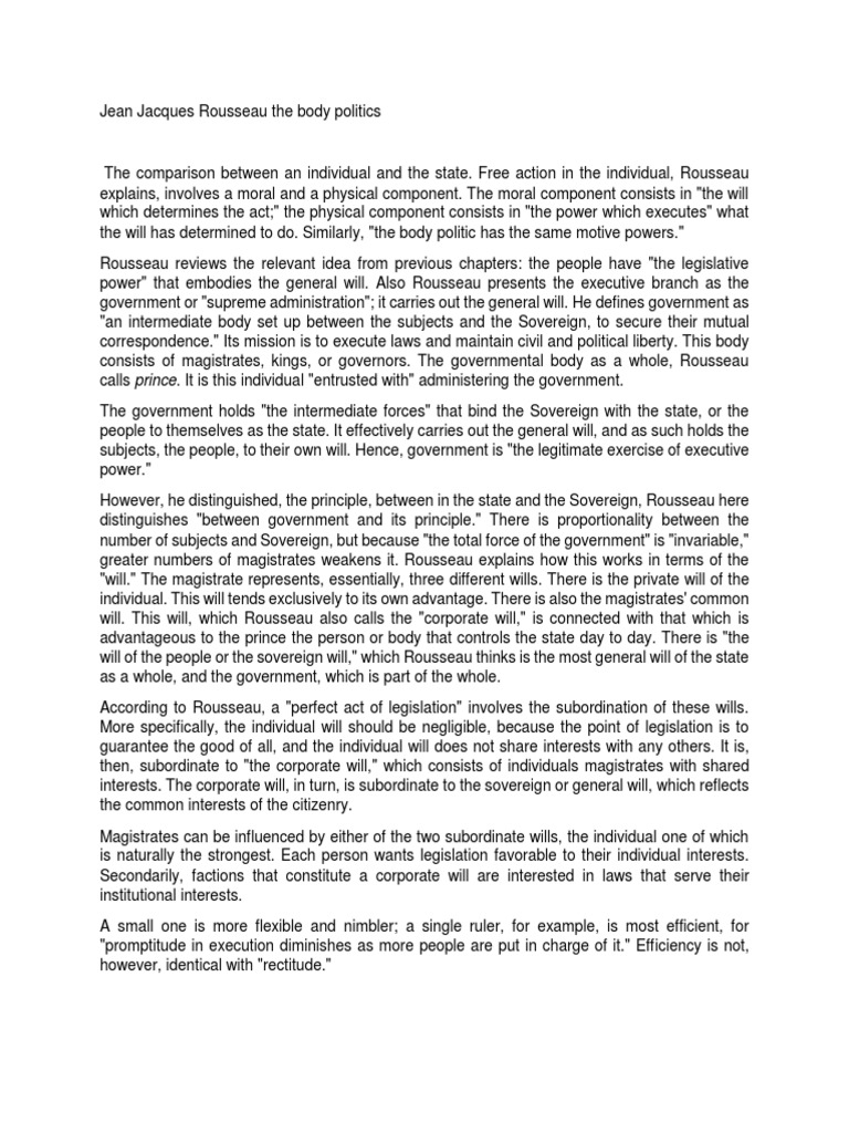 Jean Jacques Rousseau The Body Finals | PDF | Sovereignty | Government