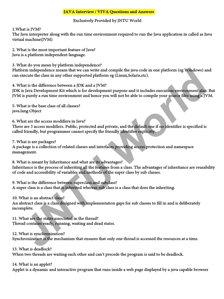 JNTU World: JAVA Interview / VIVA Questions and Answers | PDF ... JNTU World: JAVA Interview / VIVA Questions and Answers | PDF ...