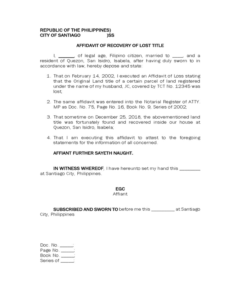 Affidavit of Recovery of Lost Title | PDF | Affidavit | Document