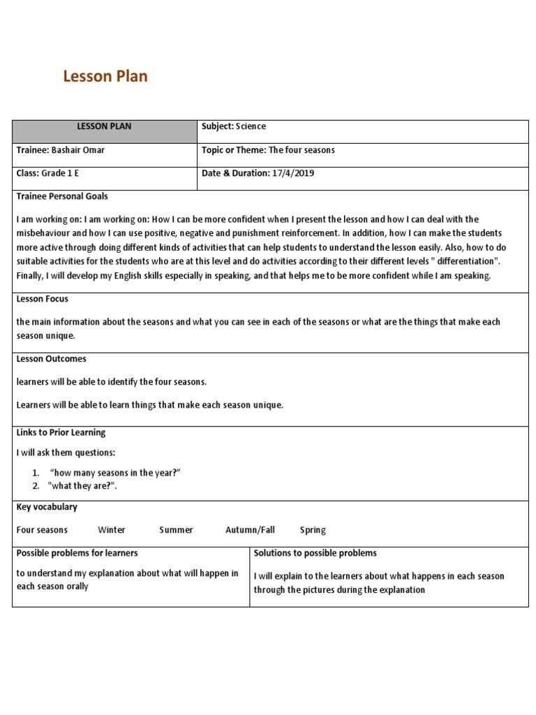 the four seasons lesson plan | Lesson Plan | Change