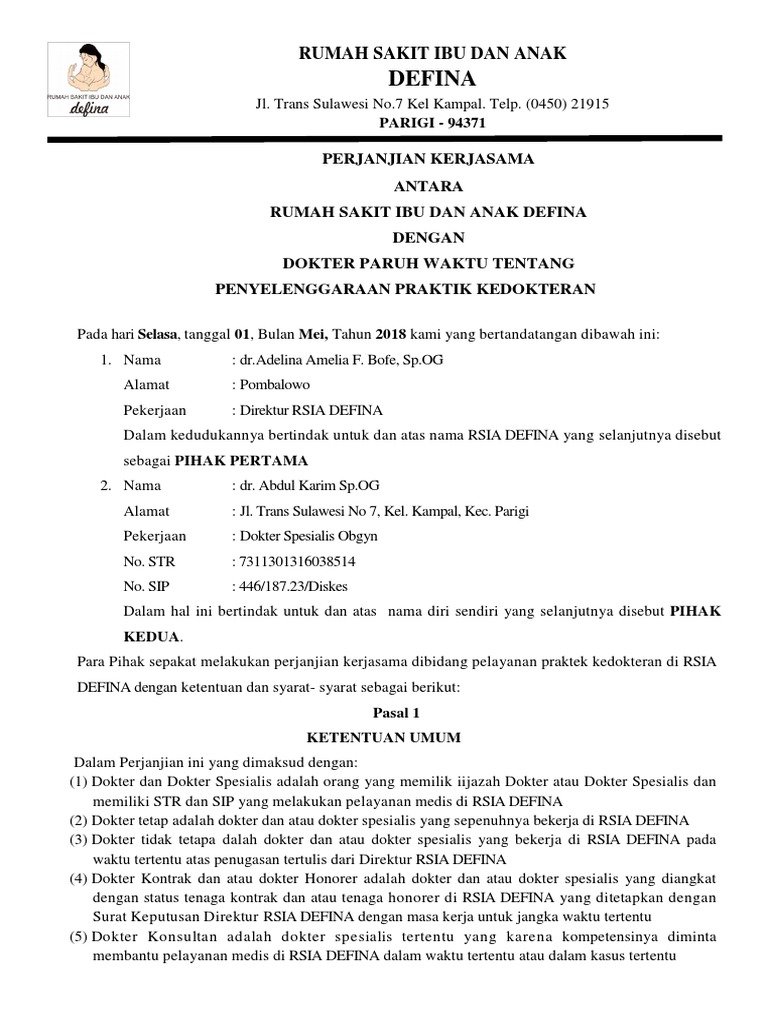 Perjanjian Kerjasama Dokter di RSIA Defina | PDF | Sains & Matematika