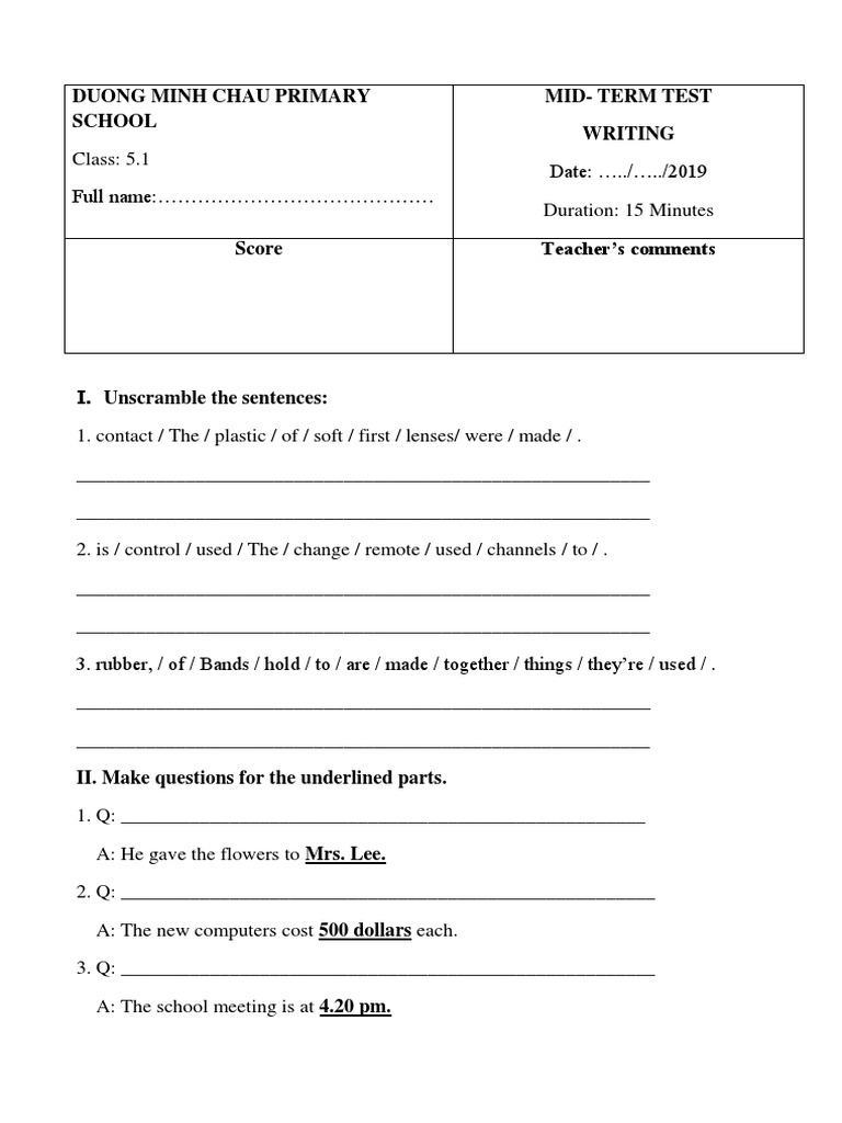 Duong Minh Chau Primary School Mid-Term Test Writing | PDF