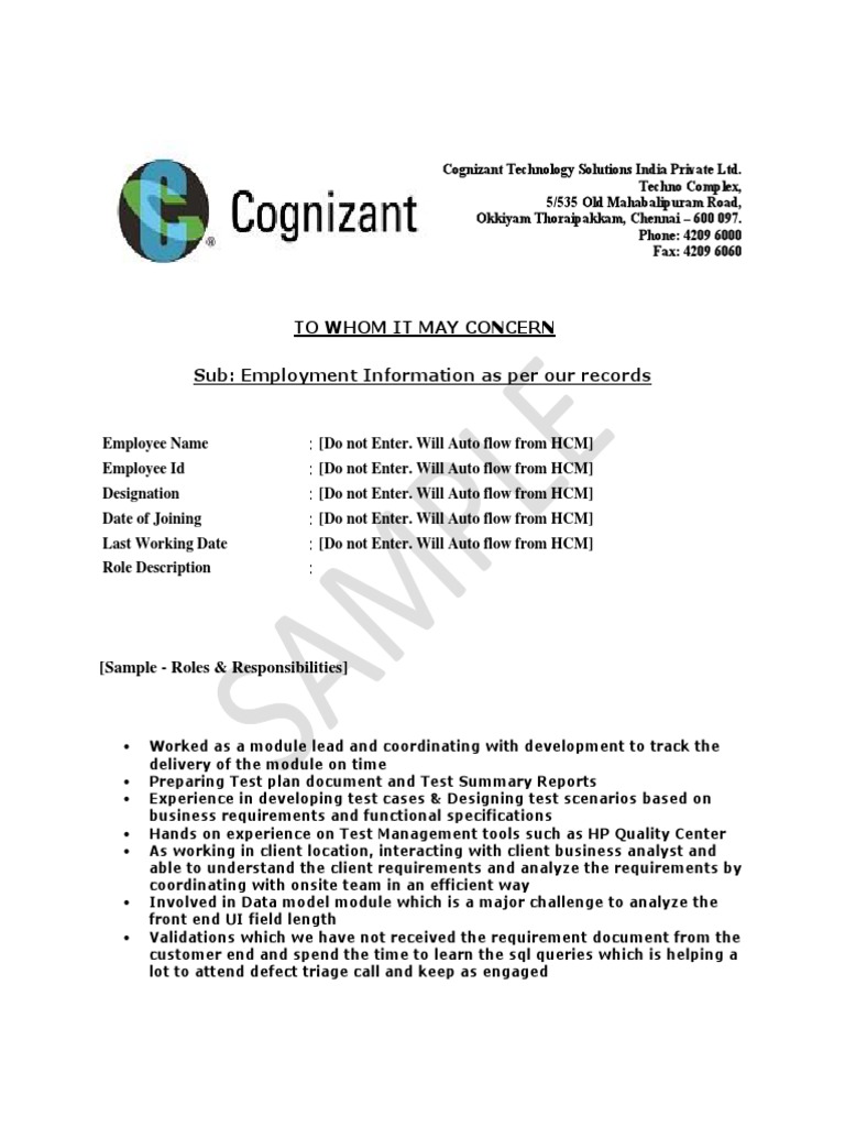 Cognizant employment verification letter | PDF