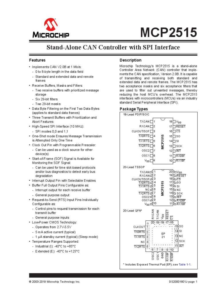 MCP2515 Stand Alone CAN Controller With SPI 20001801J PDF | PDF | Error ...