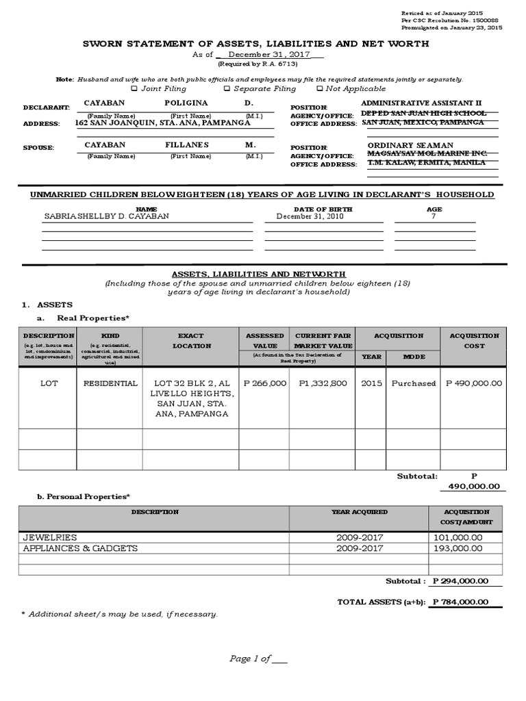 Sworn Statement of Assets, Liabilities and Net Worth | PDF | Identity ...