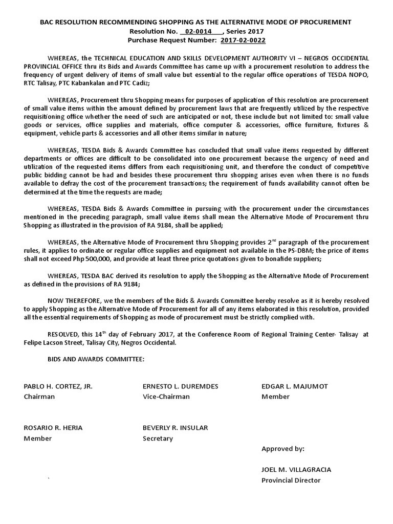 Recommendation to Utilize Shopping as the Alternative Mode of Procurement for Small Value Items ...