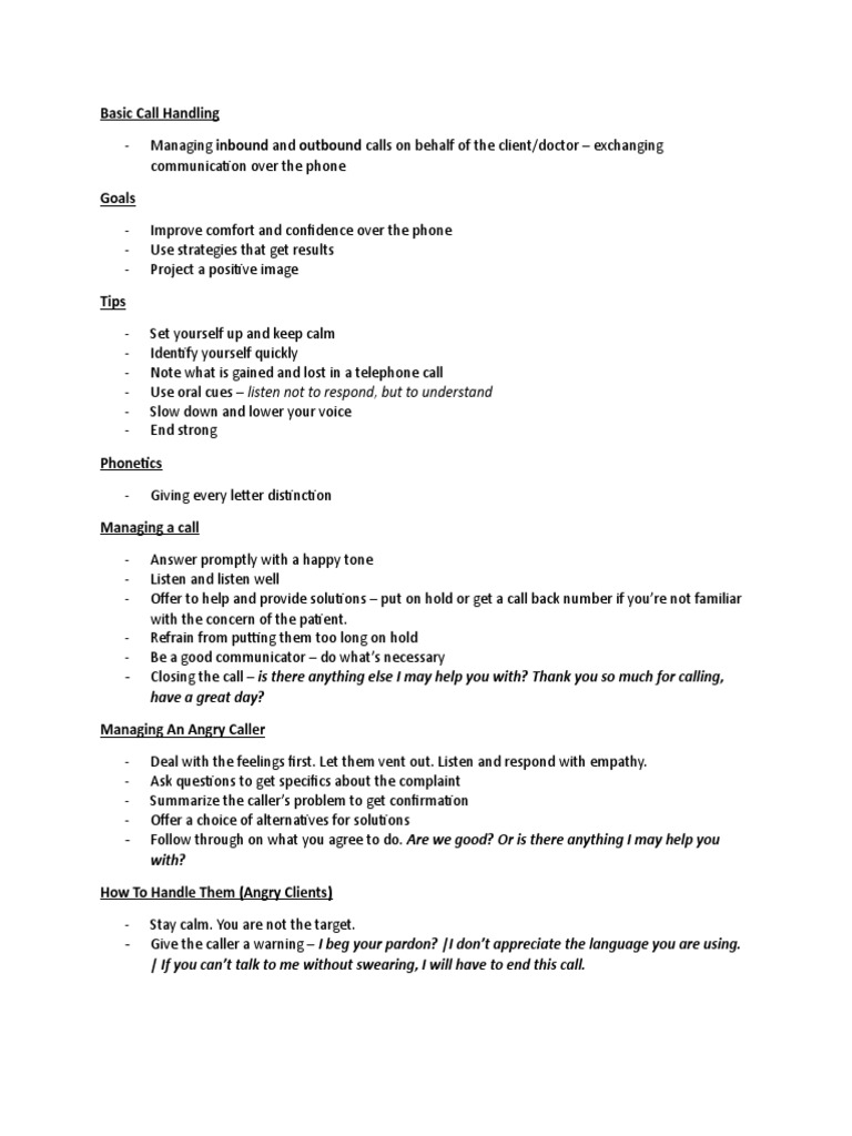 Basic Call Handling - Goals - Tips - Phonetics - Managing A Call | PDF