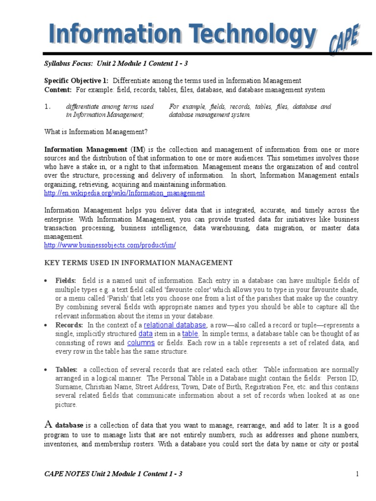 Cape Notes Unit 2 Module 1 Content 1 3 | PDF | Databases | Relational ...