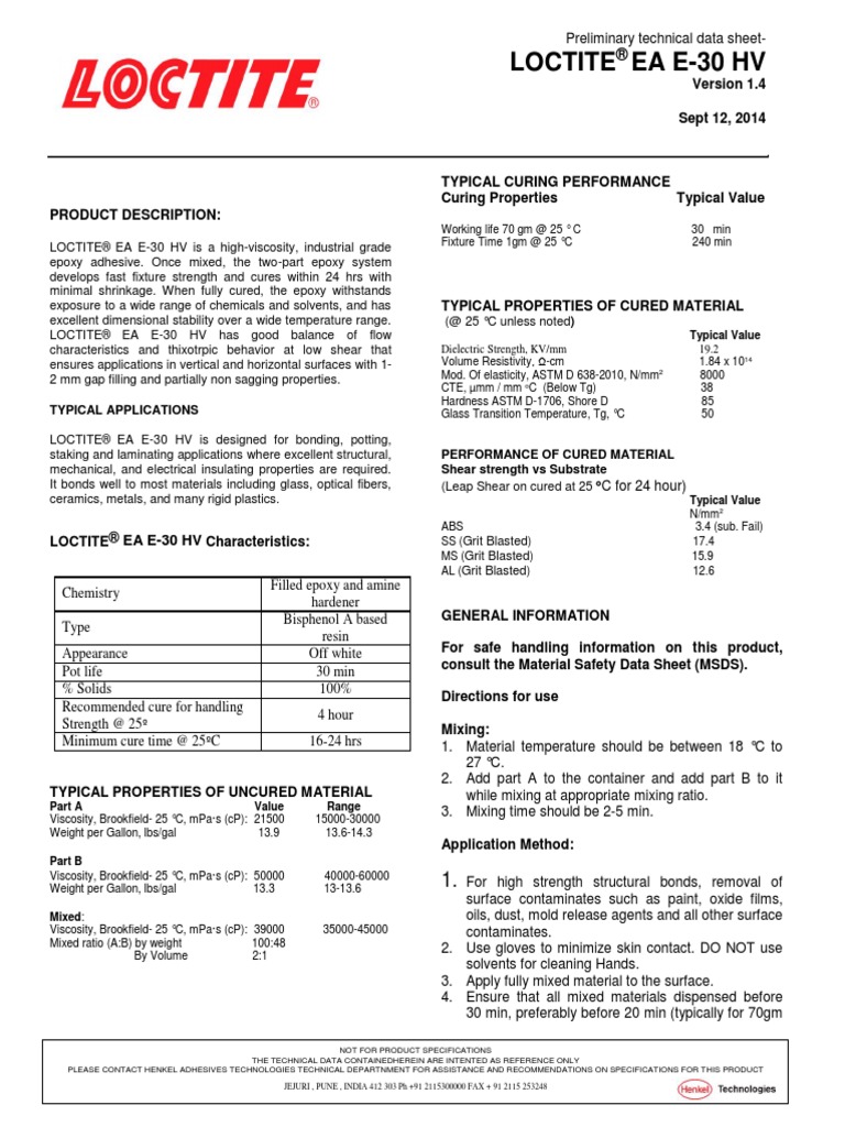 Loctite Ea E-30 HV - Tds | PDF | Epoxy | Viscosity