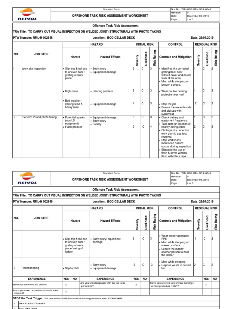 Offshore Task Risk Assessment Worksheet | PDF | Risk Assessment ...