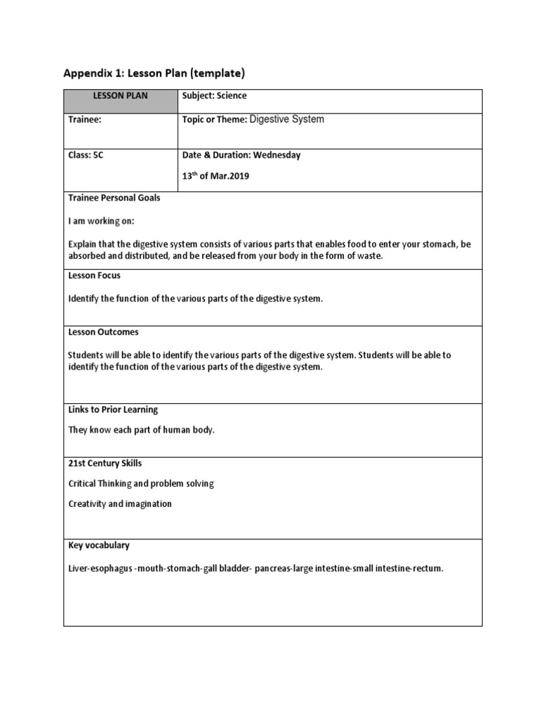 Appendix 1: Lesson Plan (Template) : Lesson Plan Subject: Science Trainee: Topic or Theme ...