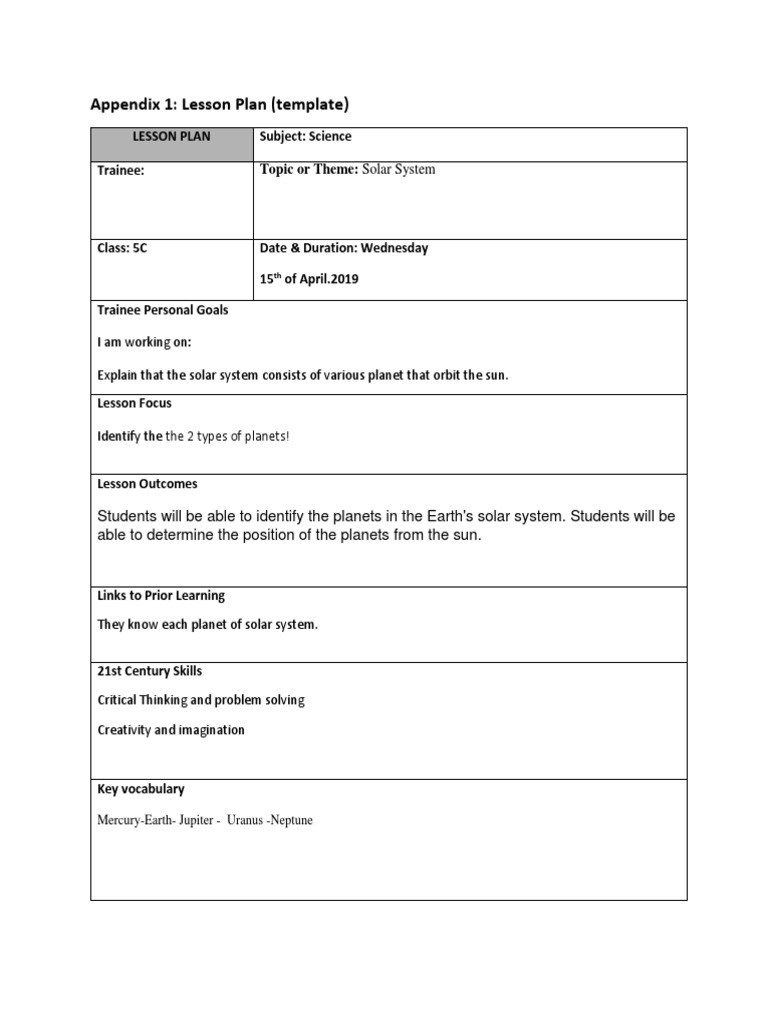 Appendix 1: Lesson Plan (Template) : Lesson Plan Subject: Science ...