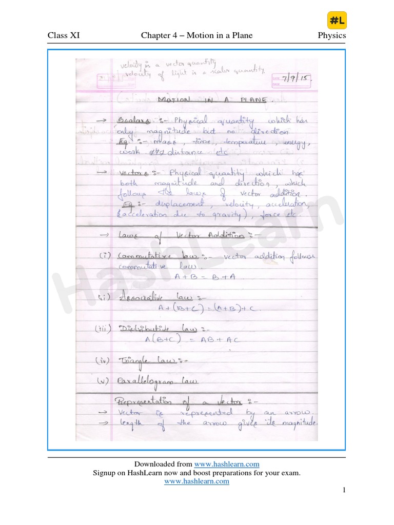 Class 11 Physics: Motion in a Plane | PDF | Natural Sciences | Physics