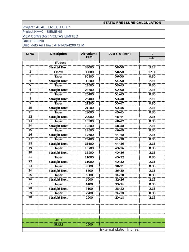 Static Calculation | PDF | Duct (Flow) | Chemical Engineering