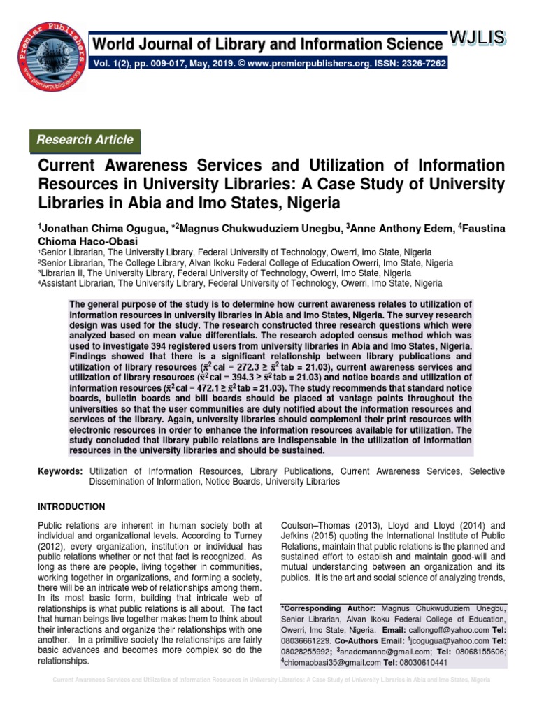 Current Awareness Services and Utilization of Information Resources in ...