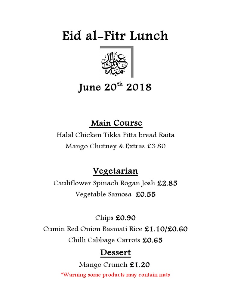 Eid al-Fitr Lunch Menu 2018 | PDF