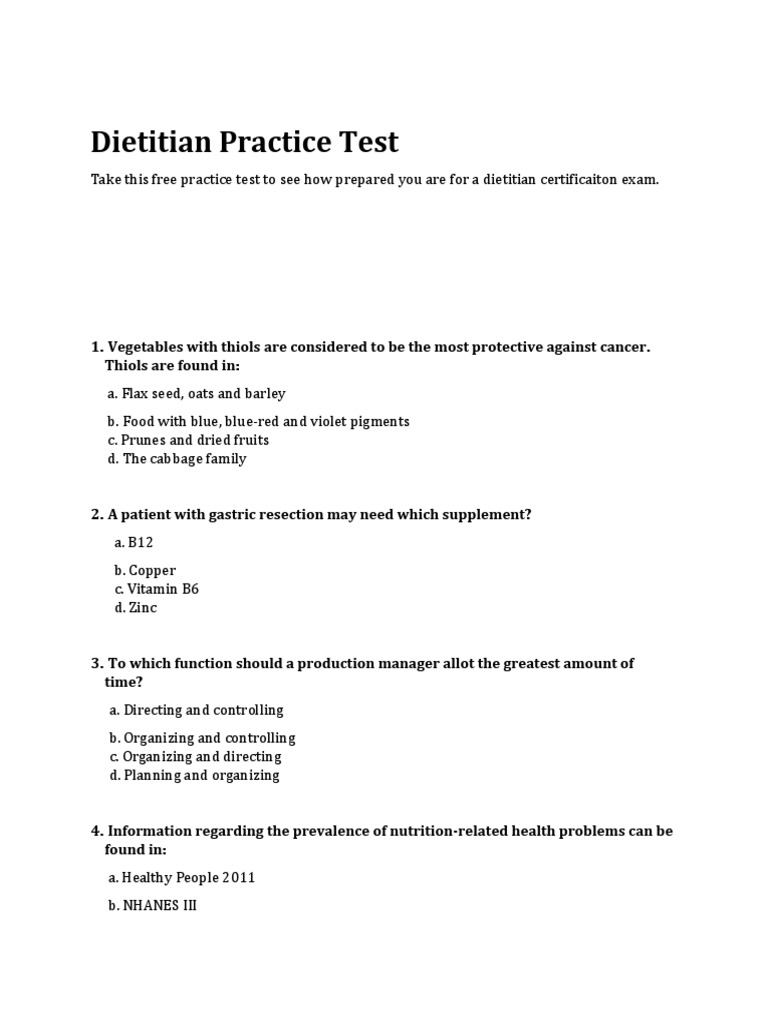 Dietitian Practice Test | PDF | Dietitian | Vitamin D