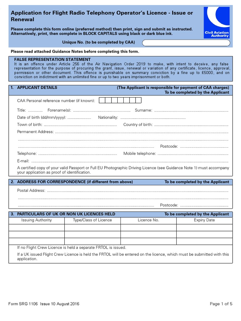 Application For Flight Radio Telephony Operator's Licence - Issue or ...