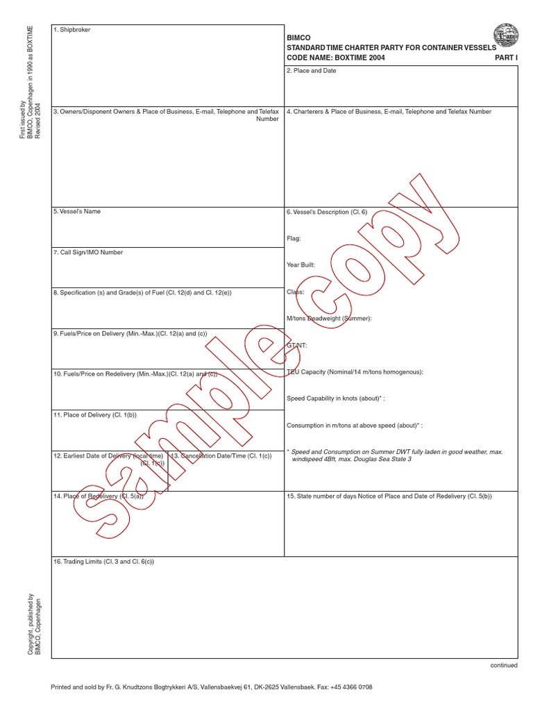 Bimco Standard Time Charter Party For Container Vessels Code Name ...