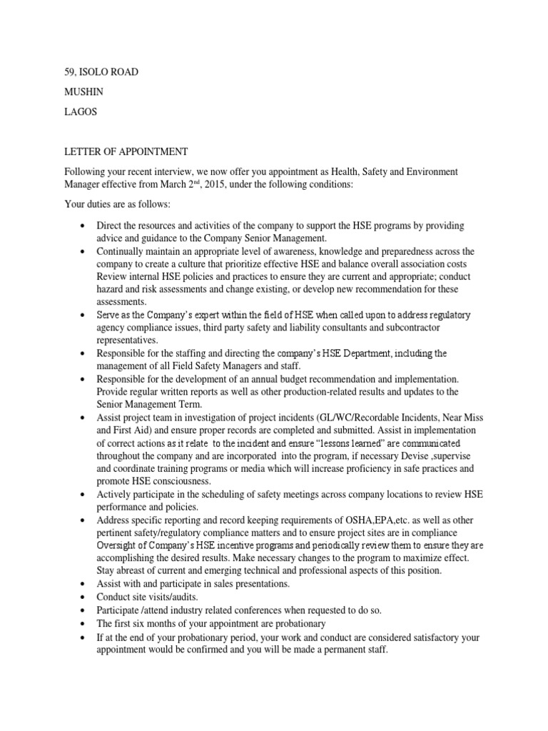 Appointment Letter HSE | PDF | Regulatory Compliance | Occupational ...