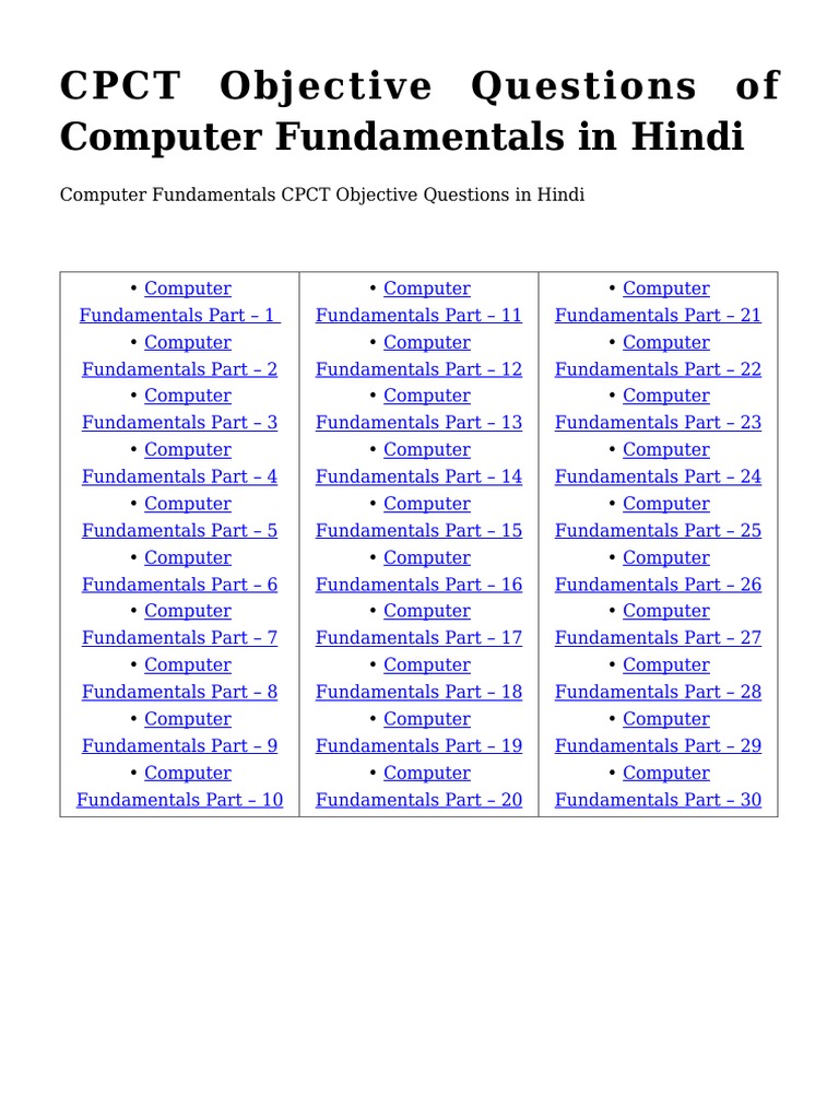 Hindi Computer Fundamentals Quiz | PDF | Computers