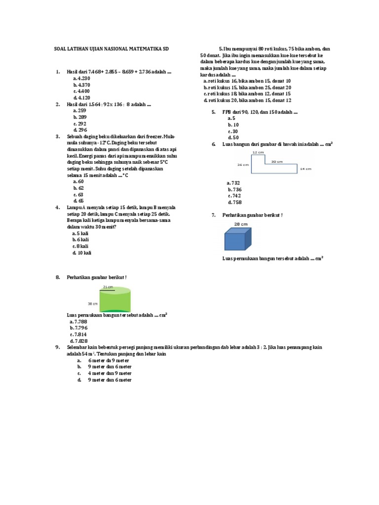 Soal Latihan Ujian Nasional Matematika SD | PDF