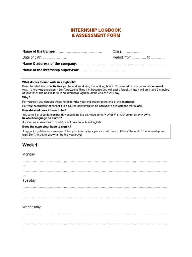 Internship Logbook & Assessment Form: Week 1 | PDF | Critical Thinking | Applied Psychology