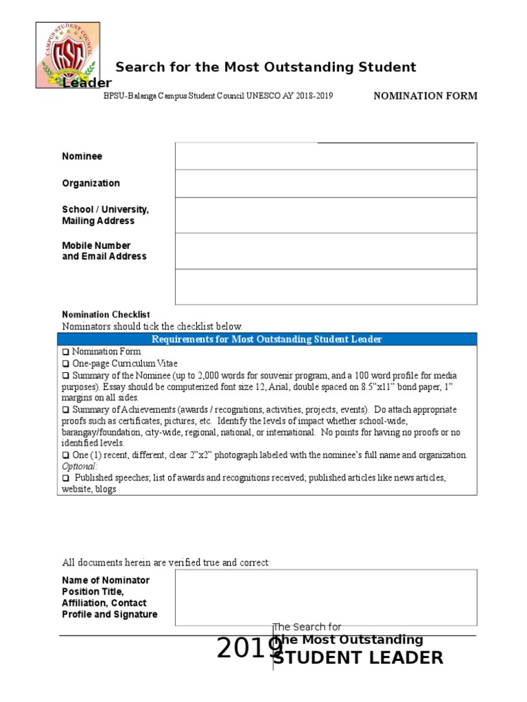 Nomination Form For The Most Outstanding Student Leader | PDF