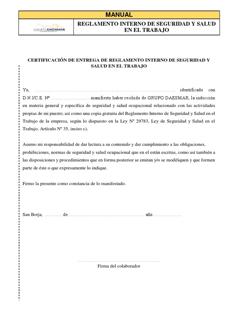 Certificación de Entrega de Reglamento Interno de Seguridad y Salud en El Trabajo | Regulación ...