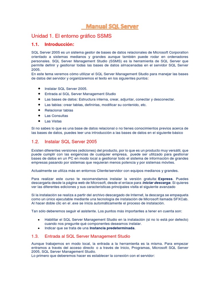 Manual SQL Server | Descargar gratis PDF | Servidor SQL de Microsoft | SQL