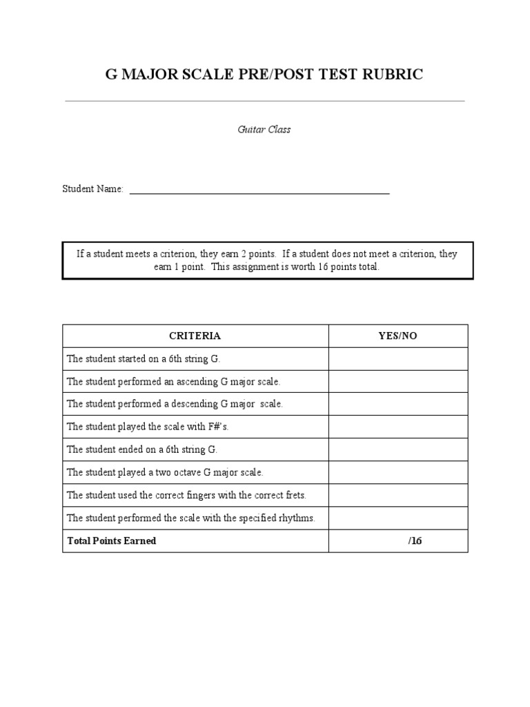 G Major Scale Assessment Rubric | PDF
