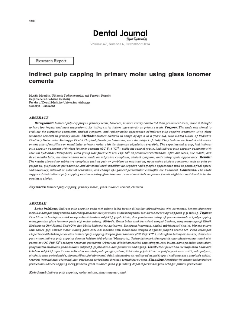 Indirect Pulp Capping in Primary Molar Using Glass Ionomer Cements ...