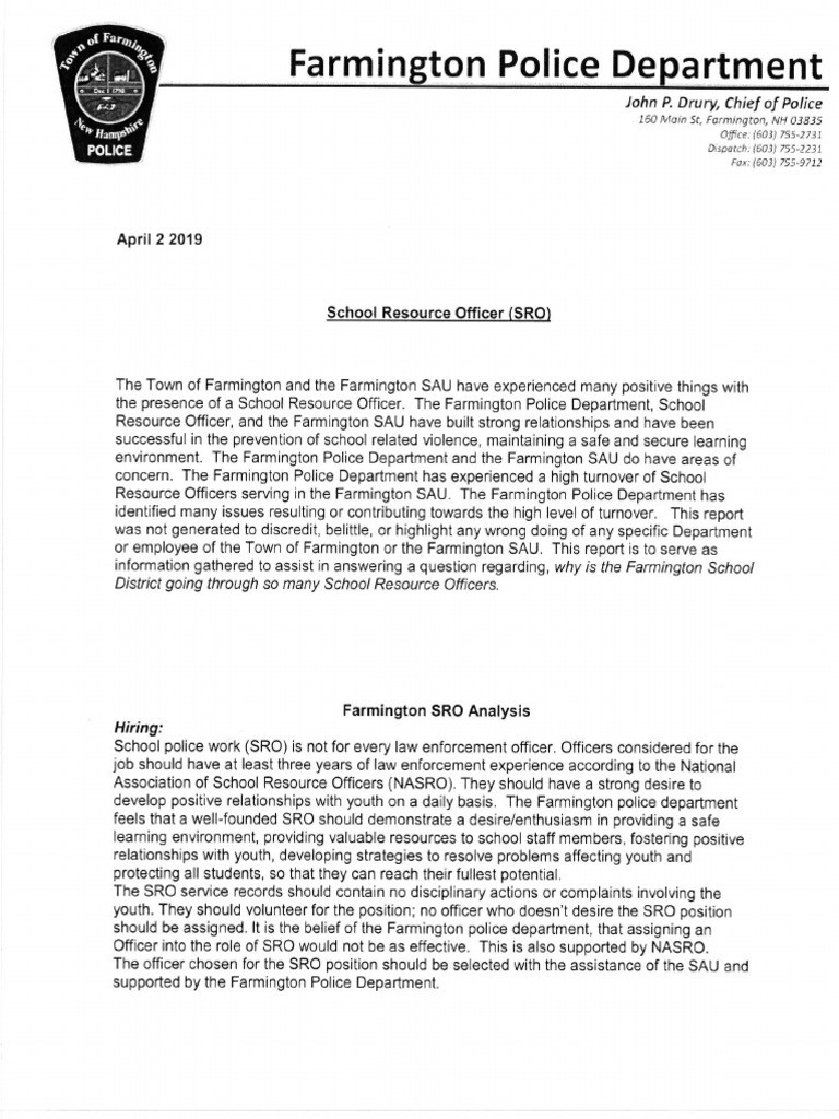 Farmington Police Memo On School Safety, Administrative Issues | PDF