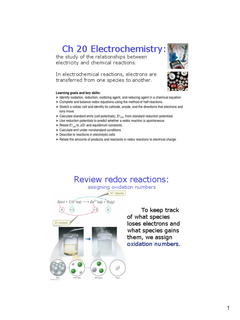 CH 20 Electrochemistry:: Review Redox Reactions | PDF | Redox | Anode