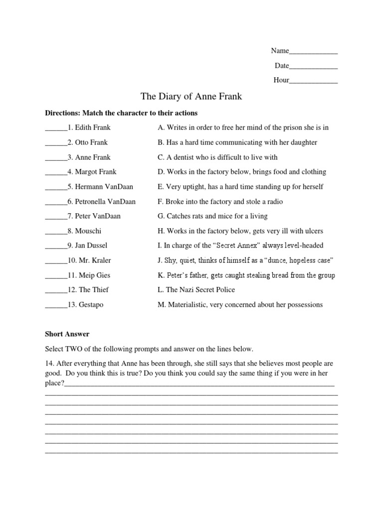 The Diary of Anne Frank Character Matching | PDF | Anne Frank
