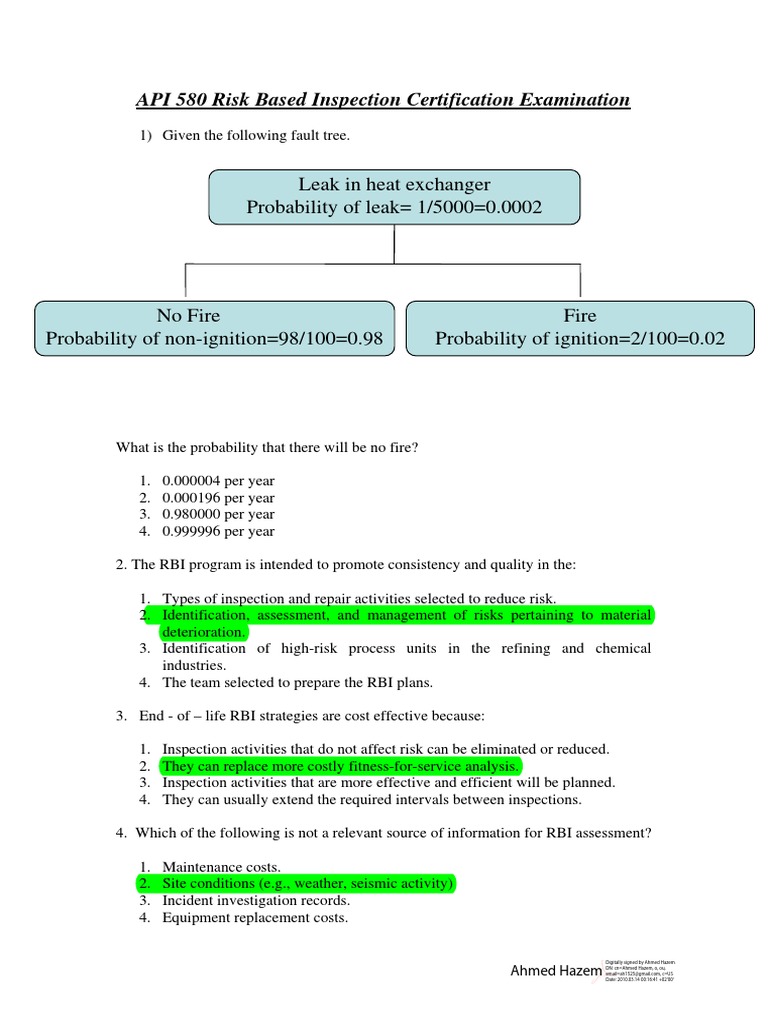 API 580 Risk Based Inspection Certification Exam Questions | PDF | Risk ...