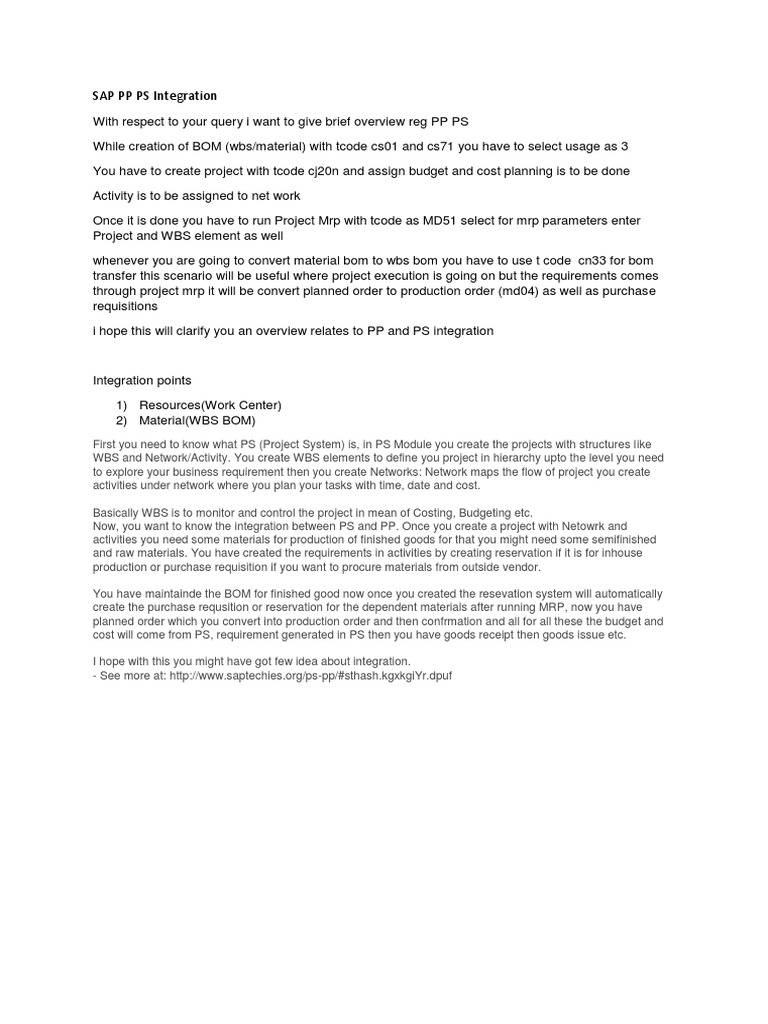 SAP PP PS Integration | PDF