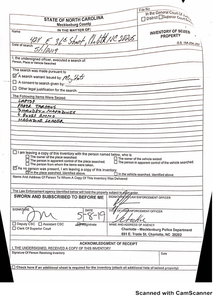 WARRANT: Items Seized From UNCC Shooting Suspect's Apartment | PDF